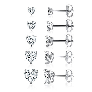 MDFUN 18K White Gold Plated Heart Shape Cut Cubic Zirconia Birthstone Stud Earring Pack of 5 Pairs (4-April-Diamond)