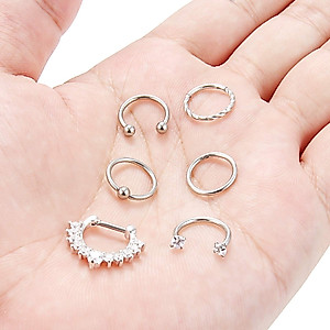 Lcolyoli 6PCS 16G Surgical Steel Hinged Seamless Septum Hoop Nose Ring with Clear Diamond CZ Horseshoe Barbell Cartilage Daith Conch Tragus Clicker Piercing Jewelry for Women Men Silver-tone