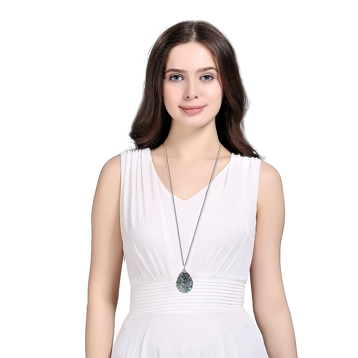 Wire Wrapped Abalone Teardrop Necklace - Handmade Silver Abalone Shell Water Drop Tree of Life Pendent Jewelry for Women