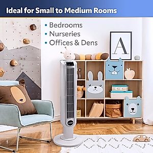 Lasko Portable 36" Oscillating 3-Speed Tower Fan with Remote Control and Timer for Bedroom and Home Office, White, 2510