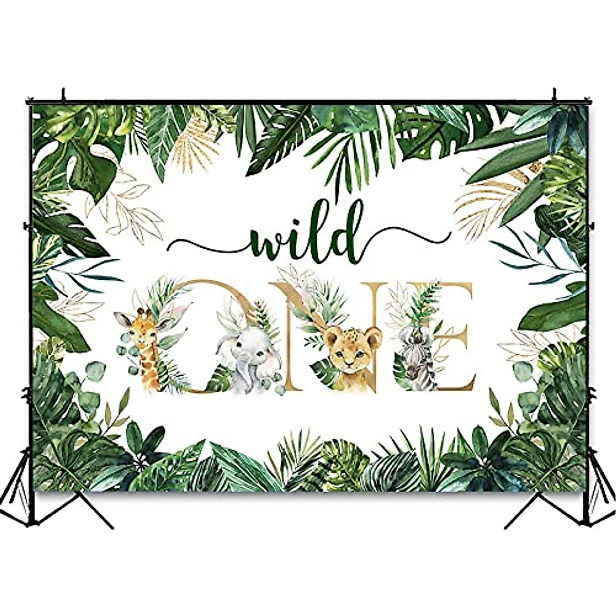 Avezano Safari Wild One Backdrop for Boy Jungle Animal First Birthday Party Photography Background Green Gold Wild One 1st Birthday Photoshoot Party Decorations Backdrop (7x5ft)