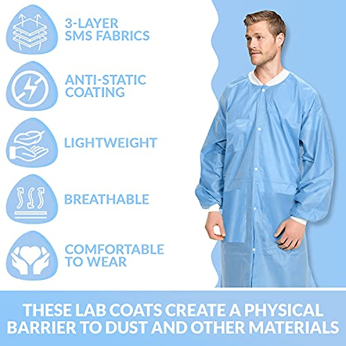 MEDICAL NATION Pack of 10 Disposable Lab Coats - Blue - Durable SMS Knee Length Lab Coat Unisex, Comfortable and Easy to Wear Labcoat, For Hospitals, Pharmacies, Laboratories, Dental Clinics - MEDIUM