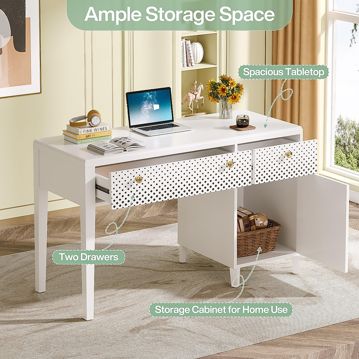 Tribesigns Computer Desk with Drawers, 47 Inches Home Office Desk with Storage Cabinet, Modern Study Writing Desk Makeup Vanity Table for Bedroom, White