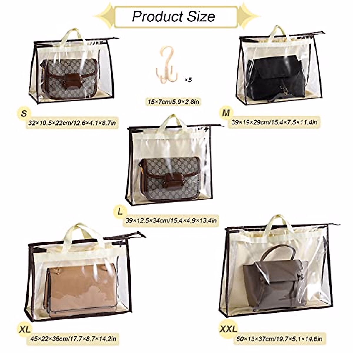 MYKASEN 5Sizes Handbag Storage Organizer Dust Cover Bag, Clear Handbag Purse Protector Storage Bag with Sturdy Handles Zippers 5Pcs Purse Hanger Anti-dust Waterproof for Hanging Closet Shelf (Beige2)