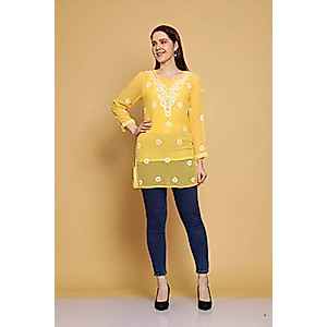Ada Indian Handcrafted Chikankari Yellow Georgette Kurti Top Tunic with inner for Women A911304 (L)