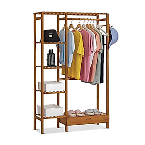 MoNiBloom Bamboo Freestanding Closet Organizer with Pants Scarves Racks and a Hanging Rob, Extra 5 Clothing Storage Shelving for Bedroom Living Room, Brown