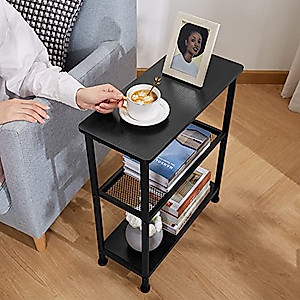 GIOPACO Narrow Side Table, End Table with 3 Tier Storage Shelves, Modern Accent Skiny End Tables for Small Spaces, Slim Couch Beside Table, Small Hallway Table for Living Room,Bedroom,Black