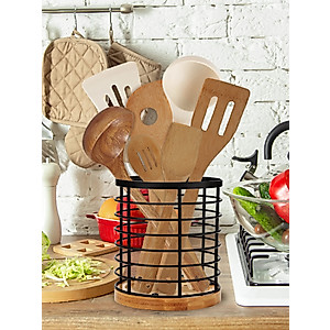 SPLMIFA Kitchen Utensil Holder Large Utensil Holder with Wooden Base and Matte Black Metal holder，Storage Solutions for Kitchen/Small Items Storage
