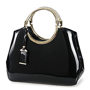 HOXIS Charm Glossy Metal Grip Structured Shoulder Handbag Women Satchel (Black)