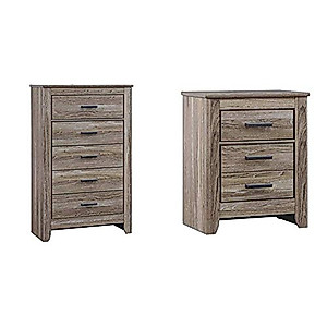 Ashley Furniture Signature Design - Zelen Chest of Drawers - 5 Drawer Dresser - Warm Gray & Ashley Furniture Signature Design - Zelen Nightstand - Vintage Finish - Warm Gray