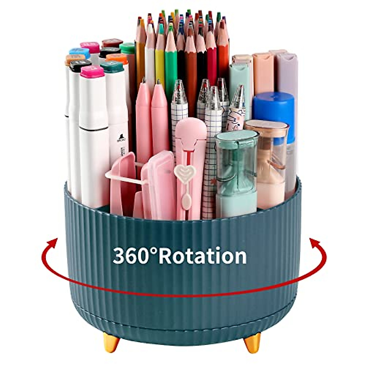 Desk Pencil Pen Holder, 5 Slots 360°Degree Rotating Pencil Pen Organizers for Desk, Desktop Storage Stationery Supplies Organizer, Cute Pencil Cup Pot for Office, School, Home, Art Supply, Dark Green