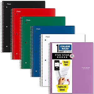 Five Star Spiral Notebooks with Pockets Plus Study App, 6 Pack, 1-Subject, College Ruled Paper, 11” x 8-1/2", 100 Sheets, Assorted Colors (38052)