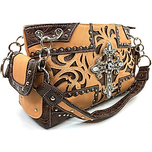 Justin West Tooled Western Leather Laser Cut Rhinestone Cross Shaped Studded Shoulder Concealed Carry Handbag Purse (Tan)