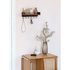 Mkono Key Holder for Wall, 9.5" x 3.5" x 2.5" Small Rustic Wood Floating Shelf with 6 Hooks Decorative Display Key Hanger for Living Room, Entryway, Bedroom, Bathroom,Office, Home Decor