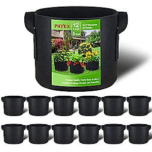 PHYEX 12-Pack 5 Gallon Nonwoven Grow Bags, Aeration Fabric Pots with Durable Handles, Come with 12 Pcs Plant Labels