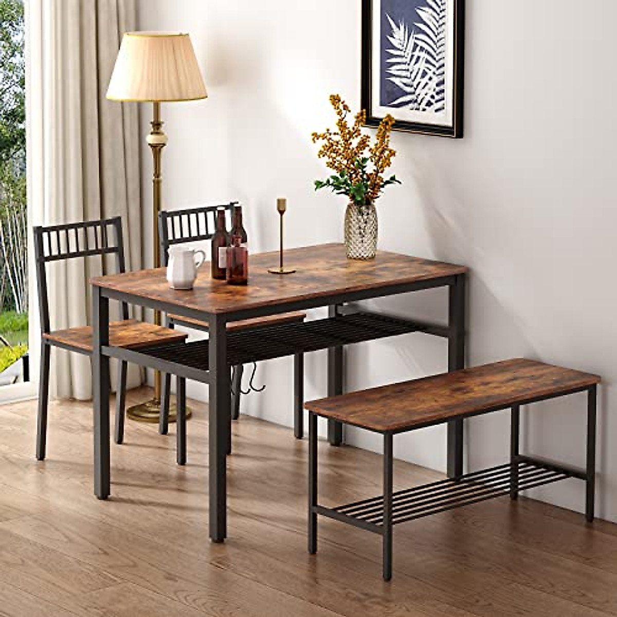 Bigbiglife Dining Table Set for 4, Kitchen Table with 2 Chairs and 1 Bench, Dining Table Set with 2 Storage Racks and 4 S-Hooks, Industrial Design for Small Space Home Kitchen, Rustic Brown