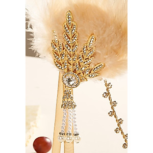 BABEYOND Art Deco 1920's Flapper Great Gatsby Inspired Leaf Medallion Pearl Headband Feather (Gold and Champagne Feather)