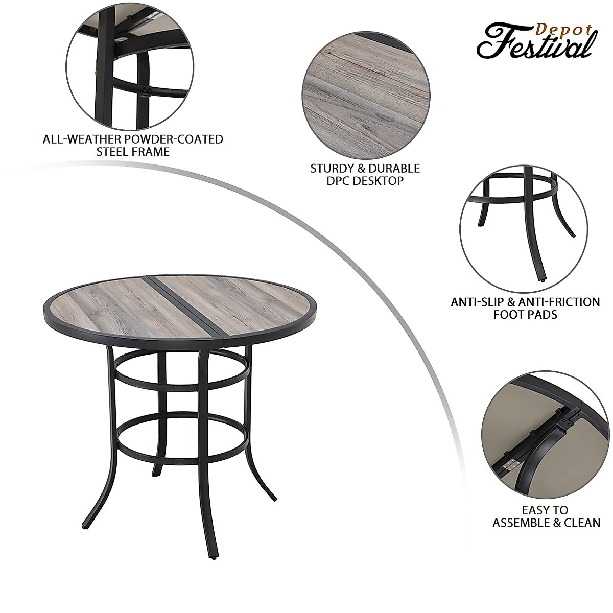 Festival Depot Patio Bar Height Table, Outdoor Bistro 45.3' Round Side Dining Coffee All Weather Furniture with DPC Desktop Metal Legs and Adjustable Feet for Garden Poolside Deck, Grey, (B-PF19252)
