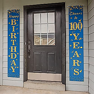 Happy 100th Birthday Porch Sign Banner Decor Blue – Cheers to 100 Years Old Party Theme Decorations for Men Women Supplies