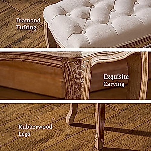 VONLUCE French Vintage Bench with Padded Seat & Rubberwood Legs, 44" Upholstered Entryway Bench & Dining Bench, Tufted Fabric End of Bed Bench for Bedroom Living Room Hallway More, Beige
