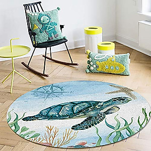 Ocean Life Round Area Rug 5 Ft, Sea Turtle Starfish World Underwater Pattern Soft Throw Rug Non-Slip Washable Carpet for Kid's Room, Nursery, Living Room, Bedroom, Teen's Room, Modern Home Decor