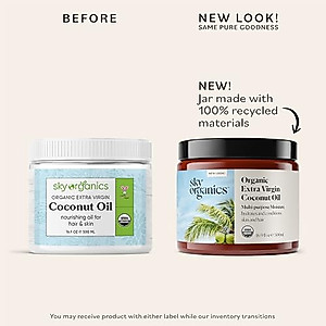 Sky Organics Organic Extra Virgin Coconut Oil for Hair & Skin, 100% Pure & Cold Pressed USDA Certified Organic to Moisturize, Soften & Nourish, 16.9 fl. Oz