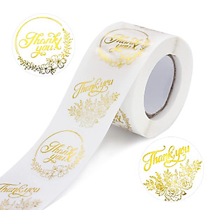 Gold Foil Thank You Stickers Roll for Small Business 500 Pcs Round Clear Wedding Stickers 2 Designs Glitter Flowers Seal Stickers Labels 1.5 Inch