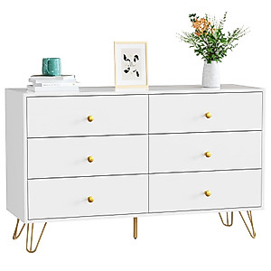 CARPETNAL White Dresser for Bedroom, 6 Drawer Dresser with Wide Drawers and Gold Metal Handles, Wood Dressers & Chest of Hallway, Nursery.