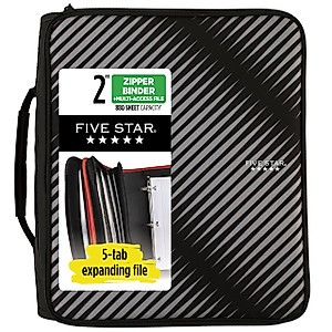 Five Star Zipper Binder, 2 Inch 3-Ring Binder, 6-Pocket Expanding File, 380 Sheet Capacity, Black (72536)