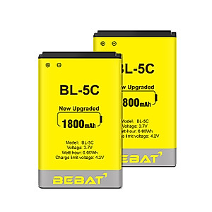 BEBAT (2 Pcs) BL-5C Battery, 3.7V 1800mAh Rechargeable BL-5C Battery Suitable for Household Radio, Nokia with Current Protection