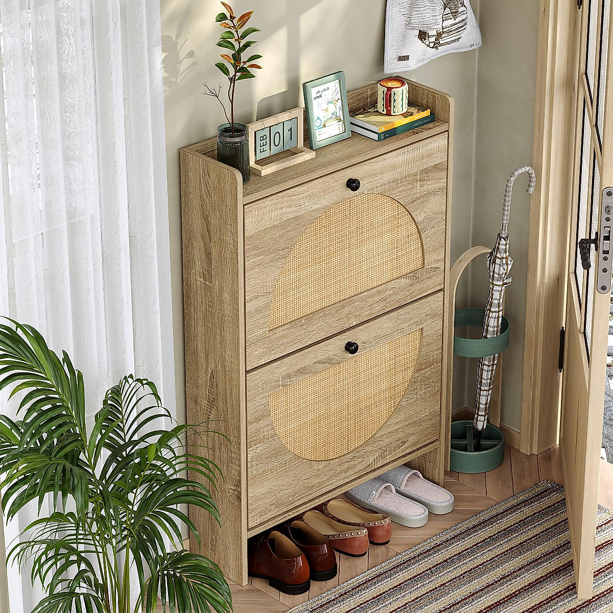 furomate Shoe Rack Storage Cabinet with 2 Natural Semi-Circular Rattan Doors, Entryway Boho Shoe Cabinet for Sneakers, Leather Shoes, High Heels, Slippers, 36.7“ Entryway Furniture