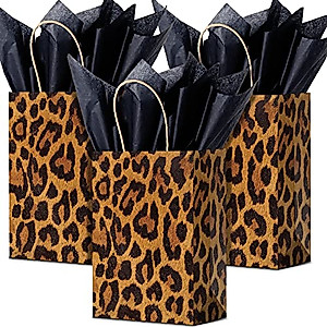 16 Pcs Leopard Print Gift Bags with Tissue Jungle Safari Party Favor Bags and Handles Cheetah Treat Goodie Bags Animal Print Kraft Paper Bags for Kids Theme Party Decoration Supplies, 8 x 6 x 3 Inch