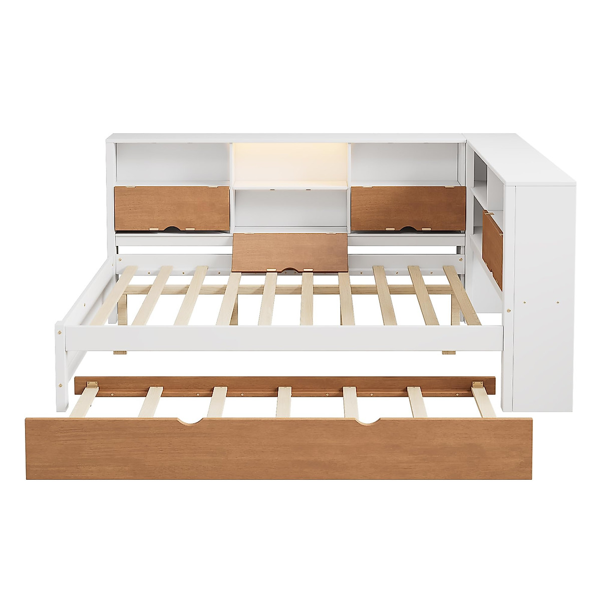 MERITLINE FullDaybed with Trundle, L-Shaped Bed Frame, Wood Platform Bed with LED Lights & USB Ports, Full Corner Bed with Trundle and Storage for Kids Teens Boys Girls, Walnut and White