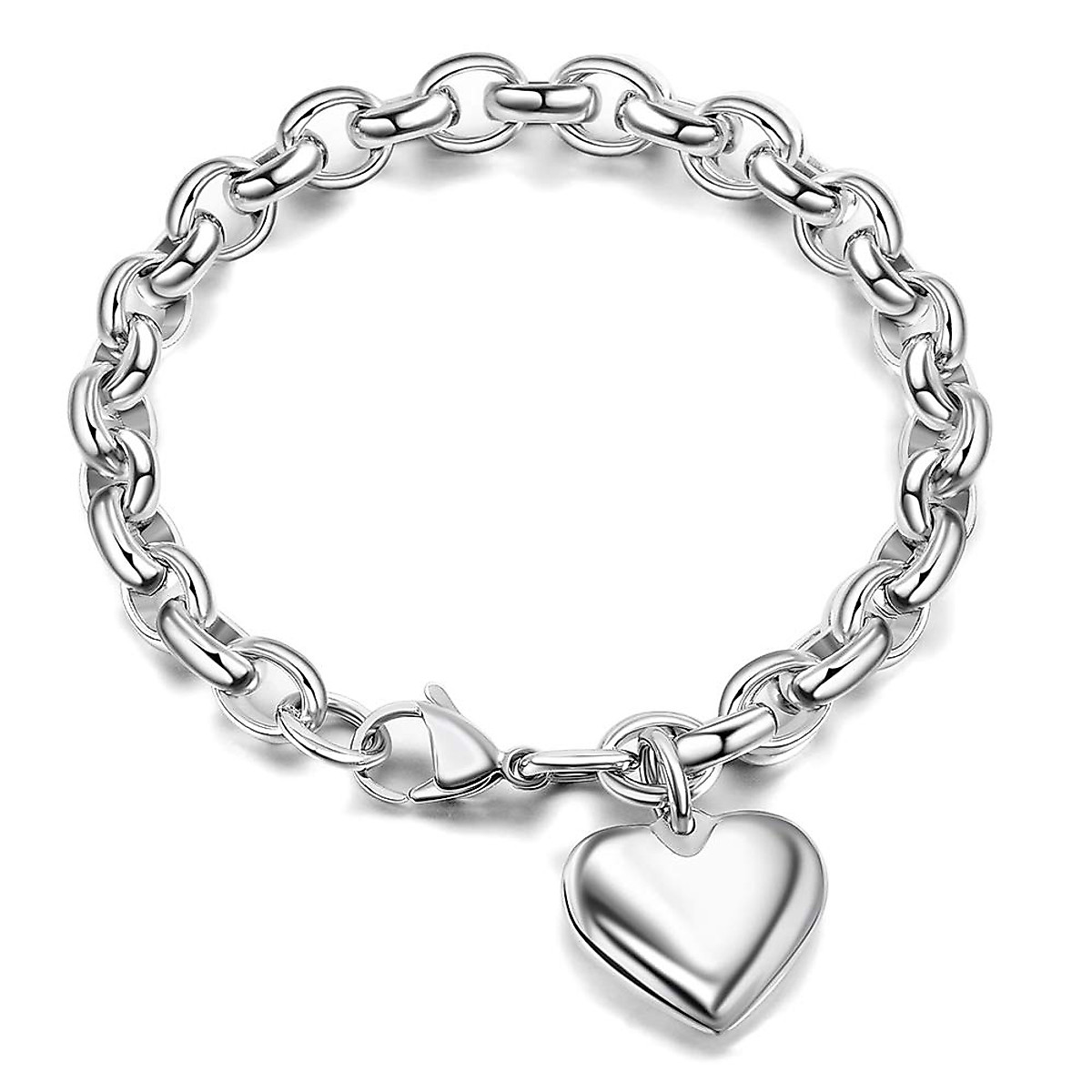 Jewelry Kingdom 1 Bracelet for Women Handmade Romantic Silver Stainless Steel Oval Chain Heart Charm Bracelet (Length of 8")