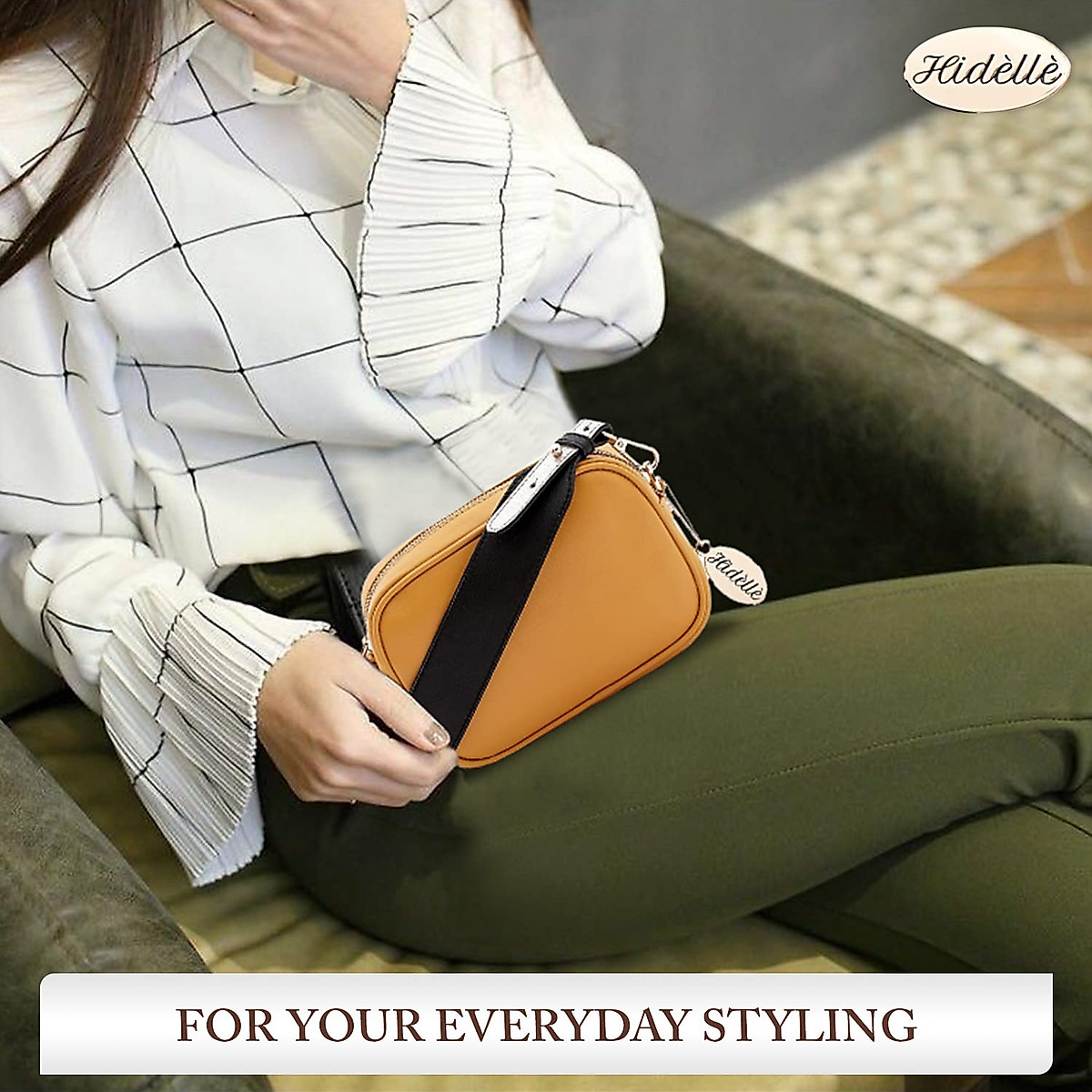 Hidelle Leather Women's Crossbody Bag | Adjustable Straps Zipper Closure Small Pockets Inside- Yellow