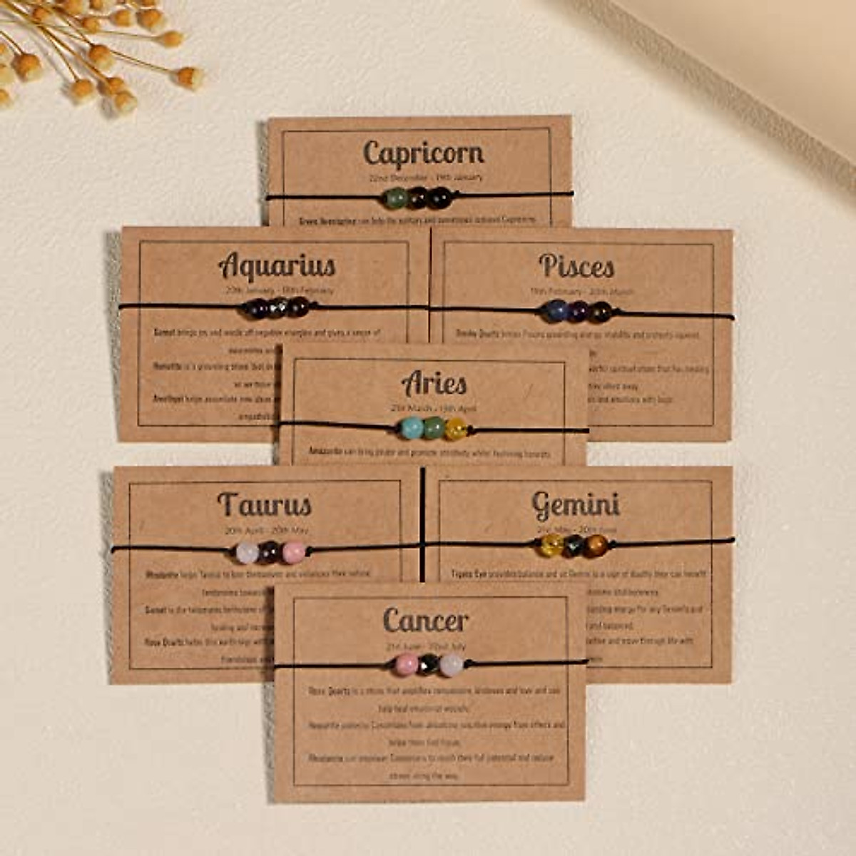 VLINRAS Zodiac Taurus Bracelets Taurus Gifts for Women Men, 6mm Natural Stone Horoscope Bracelets Healing Crystals Zodiac Sign Gifts