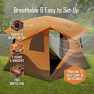 Gazelle T4 Extra Large 2 Door 4 Person Instant Portable Pop Up Outdoor Camping Hub Tent with Removable Floor and Rain Fly, Easy Setup, Orange