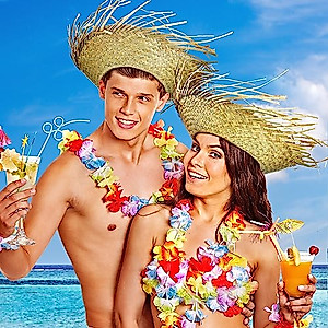 Hercicy 10 Pcs Beach Straw Hat Adult Party Hats Hawaiian Hat Beachcomber Farmers Hat Funny Luau Hat for Men Women Costume Summer Themed Decorations Accessories