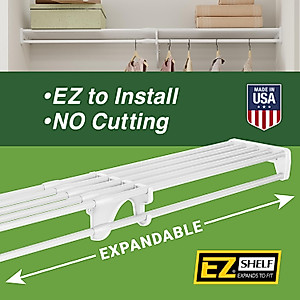EZ SHELF- Closet Shelf with Hanging Rod, Expands 40.5-73", White, Closet Shelves Hold 200 lbs, Easy Install Closet Organizer to 2 Side Walls, Alternate for Closet Wire Shelving & Laundry Room Shelves