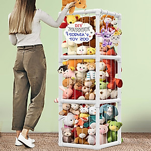 Large Stuffed Animal Zoo with Elastic Cords and Bottom Net, 20''x20''x56'' (372L Capacity) Stuffed Animal Storage, Corner Organizer, Space Save Toy Storage, Plushies Storage for NurseryKids' Playroom