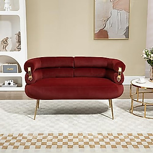 Lunanniu Velvet Loveseat Compact Gold Legs Golden Accent Clasps Comfy Love Seat Contemporary Small Accent Couch Arm Chair Modern for Living Room Bedroom for Small Space Wine Red