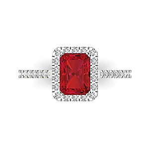 Clara Pucci 2.08 ct Emerald Cut Personalized Engraving Halo Simulated Ruby Designer Solitaire Statement Ring 18K White Gold Size 10.5