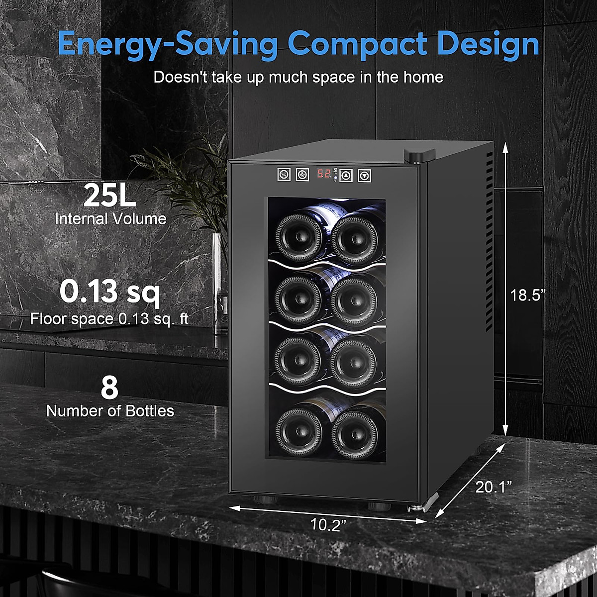 8 Bottle Small Wine Fridge, Mini Wine Cooler with Removable Shelves Interior Light Digital Touch Control, Double-Layer Tempered Glass Door Wine Cooler Refrigerator