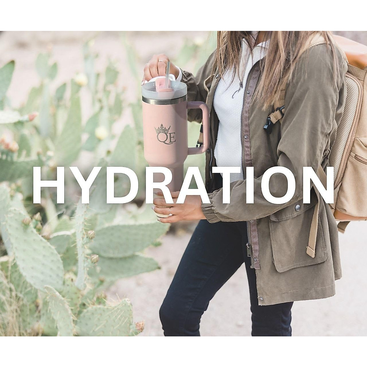 Queen Evelyn (QE) Travel Mug Quencher H2.0 FlowState Stainless Steel Vacuum Insulated Tumbler with Lid, Straw and Handle for Water, Iced Tea or Hot Coffee -Roze Quartz 40 Oz