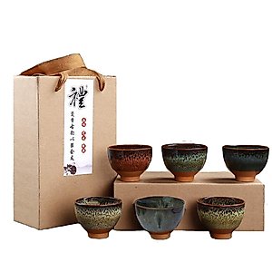 Mtoye 6PCS Handmade Chinese Small Ceramic Tea Set Sake Cups Set of 6，2.5oz 6 Colors Pottery Teacups