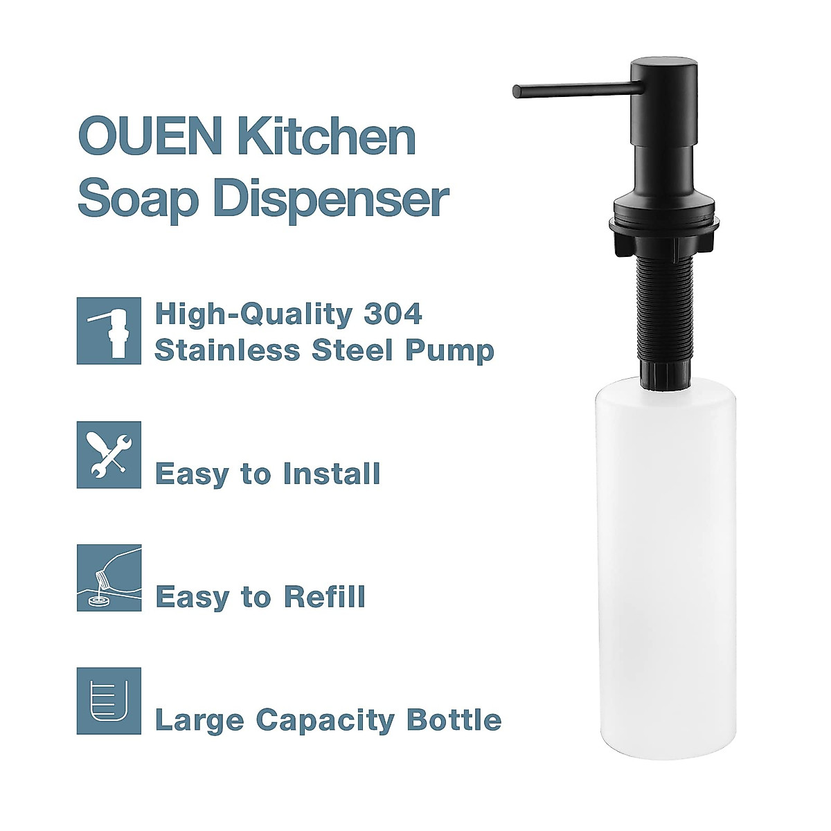 Matte Black Kitchen Sink Soap Dispenser, Ouen Countertop Pump Hand Lotion Built in Pump Soap Dispensers, Stainless Steel Sink Soap Dispenser Pump with 17oz Large Liquid Soap Bottle