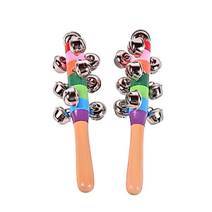 2 Pack Vivid Color Rainbow Handle Wooden Bells Jingle Stick Shaker Rattle 10 Jingle Bells Baby Kids Children Musical Toys