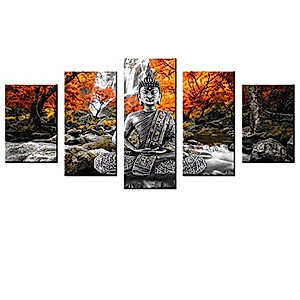 AWLXPHY Decor Buddha Waterfall Wall Art Canvas Painting Framed 5 Panels for Living Room Decoration Modern Landscape Buddha Trees Zen Stretched Artwork Giclee (Yellow, 60"x30")