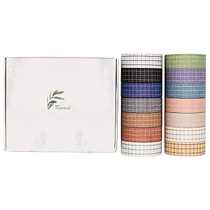 Knaid Grid Washi Tape Set, 14 Rolls of 15 mm Wide Decorative Colored Masking Tapes for Scrapbooking, DIY Decor and Crafts, Bullet Journals, Planners, Junk Journal, Gift Wrapping