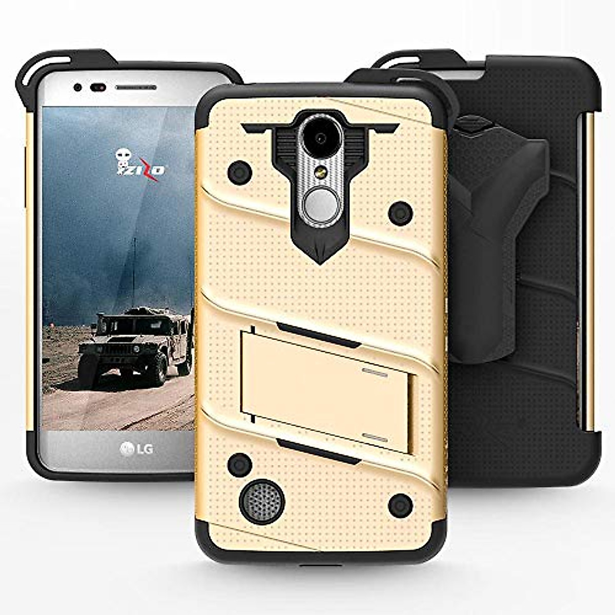 ZIZO Bolt Series LG Aristo Case Military Grade Drop Tested with Tempered Glass Screen Protector Holster LG Fortune Gold Black